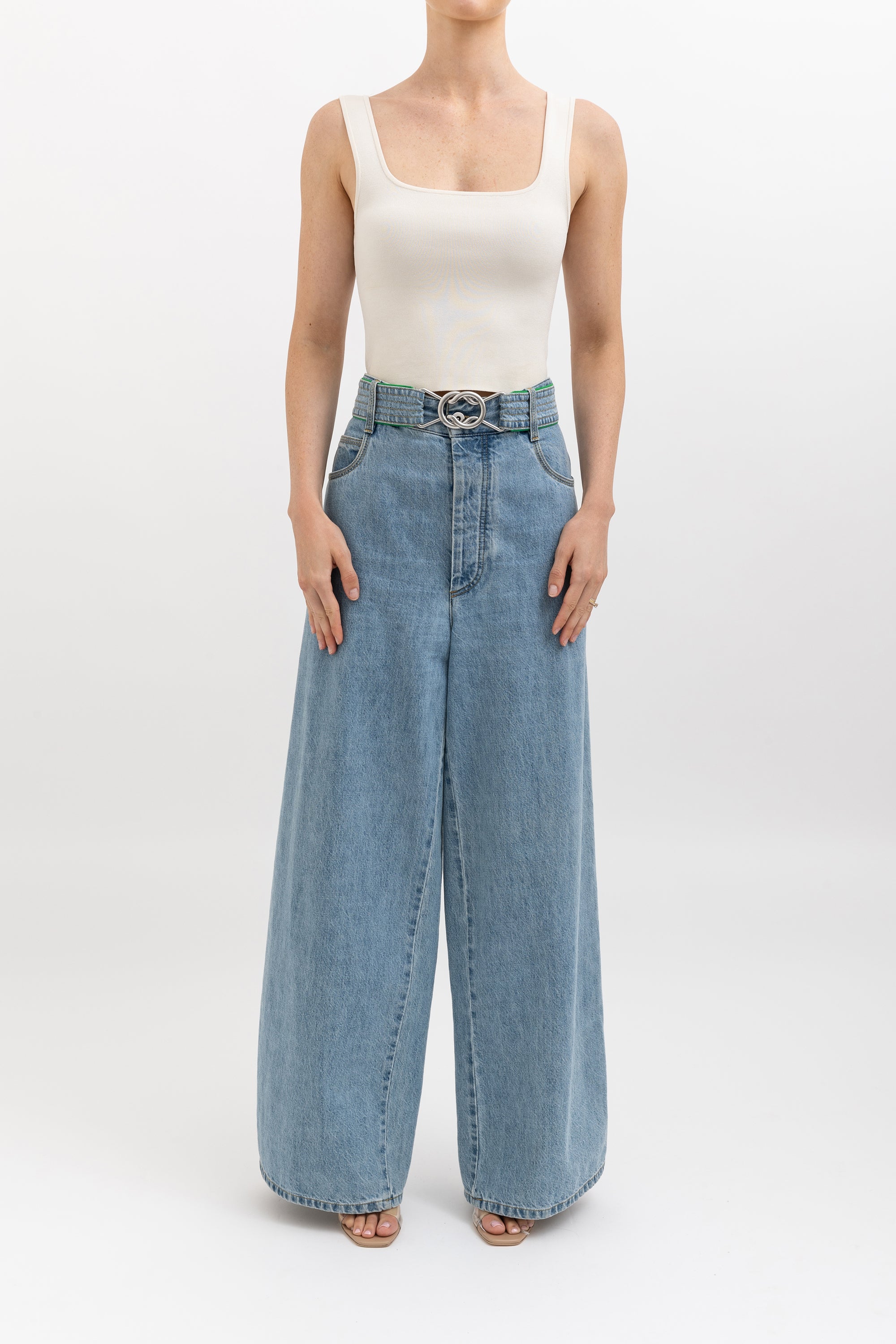 Bottega Veneta Belted Wide Leg Jeans Blue